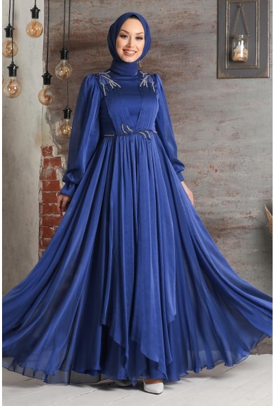 Neva Style Tesettürlü Abiye Elbise - Balon Kol Indigo Tesettür Abiye Elbise 21910IM Neva Style Tesettürlü Abiye Elbise - Balon Kol Indigo Tesettür Abiye Elbise 21910IM