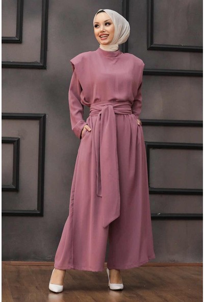 Neva Style - Kuşaklı Gül Kurusu Tesettür Ikili Takım 1471GK