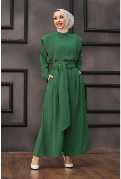 Neva Style - Kuşaklı Yeşil Tesettür Ikili Takım 1471Y