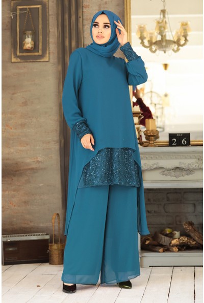 Neva Style - Arkası Uzun Indigo Tesettür Ikili Takım 50053IM