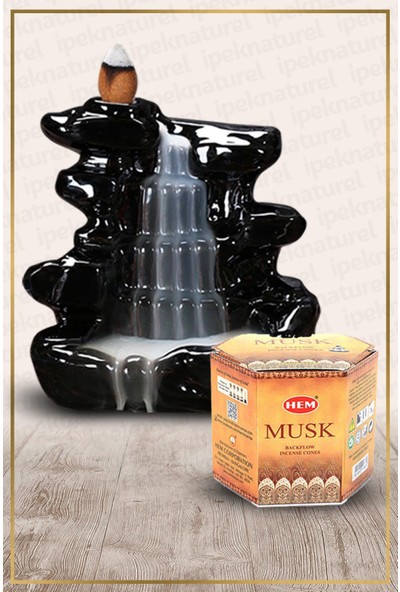İpek Naturel Siyah Şelale Buhurdanlık ve Musk (Misk) Konik Tütsü Set İpek Naturel Siyah Şelale Buhurdanlık ve Musk (Misk) Konik Tütsü Set