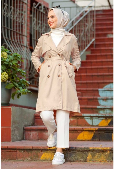 Neva Style Neva Style - Düğmeli Taş Tesettür Trençkot 263TAS