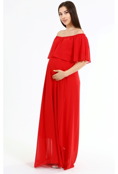 Macfly Carmen Yaka Şifon Elbise