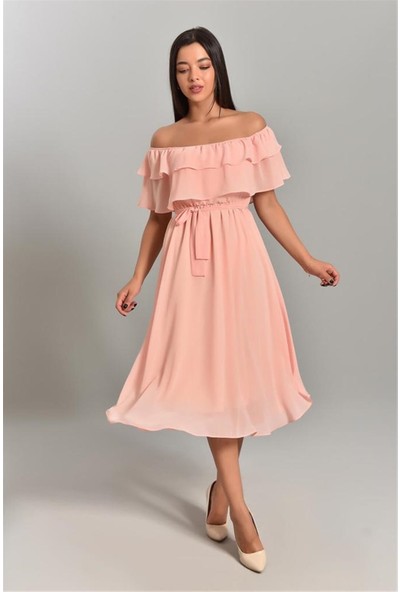 Macfly Carmen Yaka Şifon Elbise