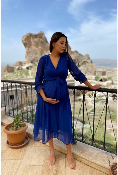 Macfly Kruvaze Yaka Şifon Elbise