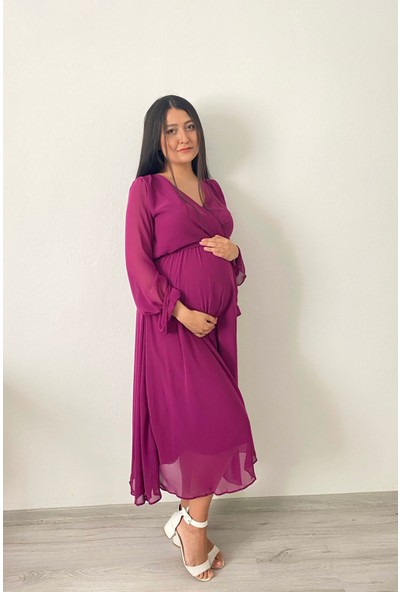 Macfly Kruvaze Yaka Şifon Elbise