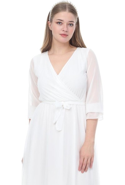 Macfly Kruvaze Yaka Şifon Elbise