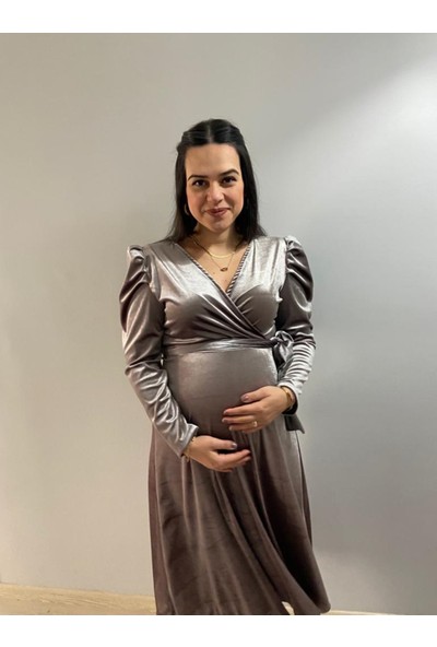 Macfly Kuşaklı Midi Boy Kruvaze Yaka Kadife Elbise