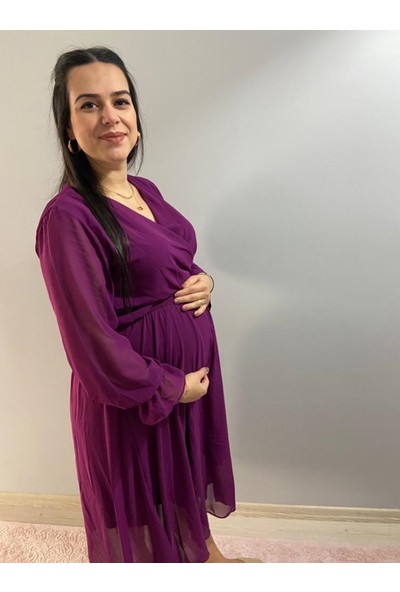 Macfly Kruvaze Yaka Şifon Hamile Elbise