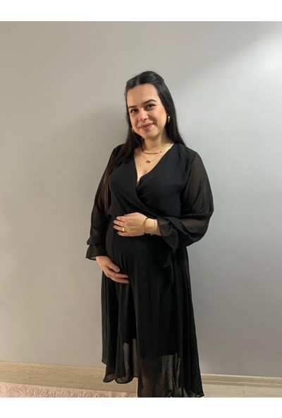 Macfly Kruvaze Yaka Şifon Hamile Elbise