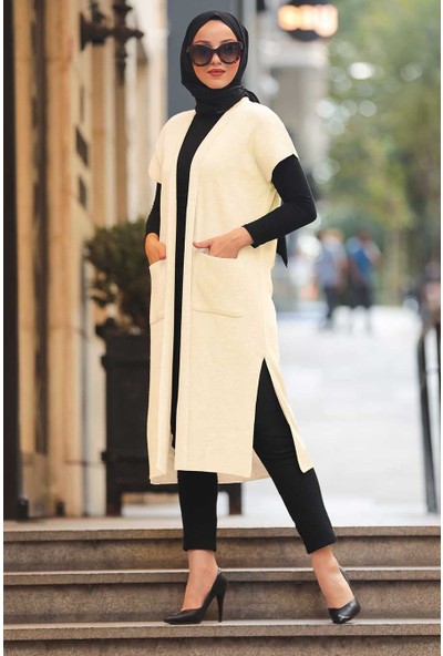 Neva Style - Cepli Ekru Tesettür Triko Yelek 21920E