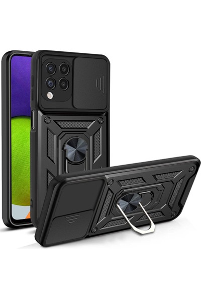 Fibaks Samsung Galaxy M32 Uyumlu Kılıf Kamera Korumalı Sürgülü Yüzüklü Armor Military Tank Zırh