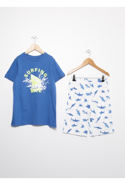 Limon Kısa Kollu Desenli Mavi Gri Erkek Çocuk Pijama Takımı
