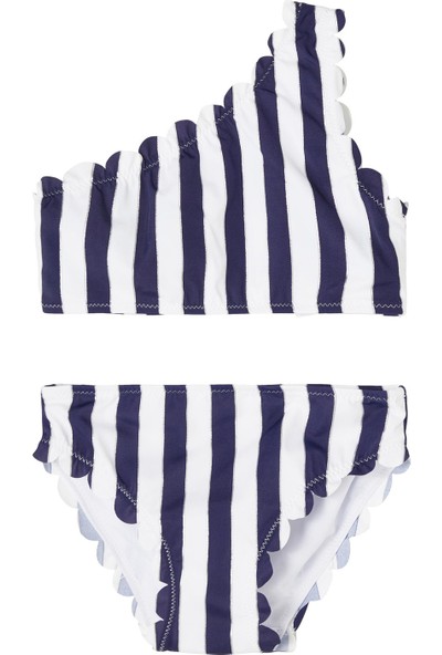 Name It Çizgili Tek Kol Lacivert-Beyaz Kız Çocuk Bikini Takımı