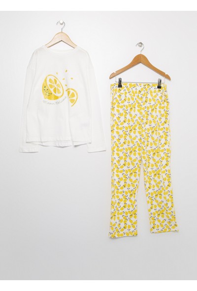 Limon Ekru Bisiklet Yaka Kız Çocuk Desenli Pijama Takımı