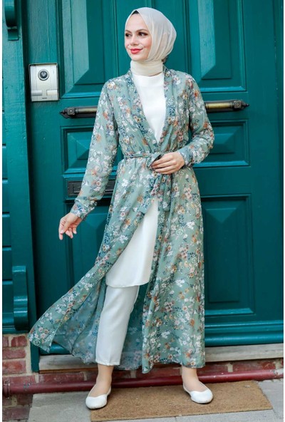 Neva Style Neva Style - Desenli Çağla Yeşili Tesettür Kimono 5651CY