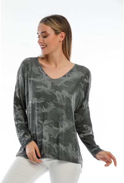 Luisido Kadın Antrasit Italyan Parlak Kamuflaj Desenli Salaş Bluz Luisido Kadın Antrasit Italyan Parlak Kamuflaj Desenli Salaş Bluz
