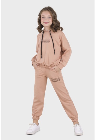 Lela % 100 Pamuklu Baskılı Kapüşonlu Cepli Eşofman Takımı Kız Çocuk Eşofman Takımı 593147