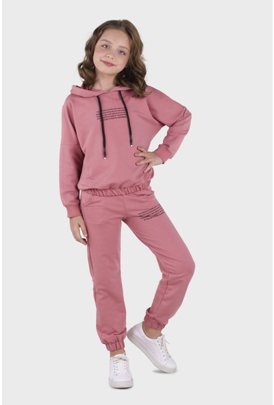 Lela % 100 Pamuklu Baskılı Kapüşonlu Cepli Eşofman Takımı Kız Çocuk Eşofman Takımı 593147
