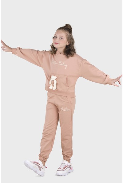 Lela Pamuklu Ayıcık Detaylı Kapüşonlu Kanguru Cepli Eşofman Takımı Kız Çocuk Eşofman Takımı 593148