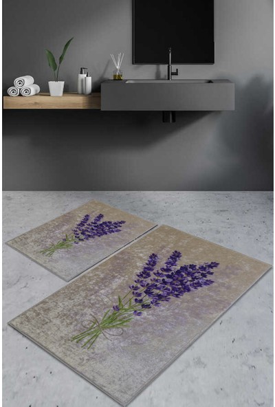 Decomia Home Dijital Baskı Kaymaz Taban Lavanta Çiçeği Des. Krem Banyo Paspası (40X60)(60X100) Ikili Takım DC-371