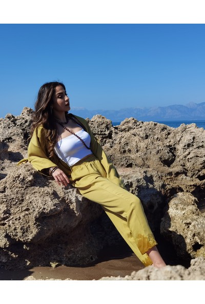 Husufi Zuban Lastikli Yüksek Bel-Dar Paça %100 Keten Pantolon