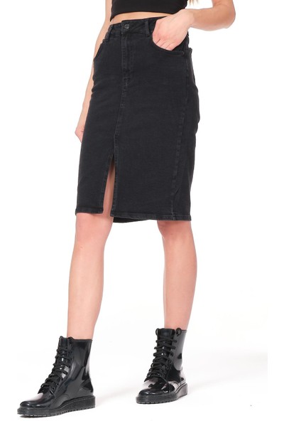 Its Basic Kadın Siyah Taşlanmış Renk Black Od Yırtmaç Detaylı Midi Boy Likralı Yüksek Bel Jean Etek Its Basic Kadın Siyah Taşlanmış Renk Black Od Yırtmaç Detaylı Midi Boy Likralı Yüksek Bel Jean Etek