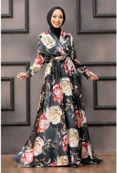 Neva Style - Gül Desenli Kırmızı Kobe Saten Elbise 53490K