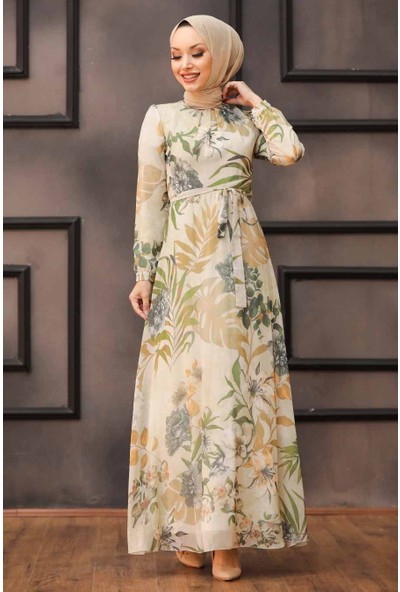 Neva Style - Çiçek Desenli Bej Tesettür Elbise 81542BEJ Neva Style - Çiçek Desenli Bej Tesettür Elbise 81542BEJ