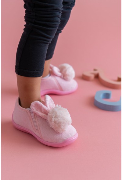 First Step Ponponlu Tavşan Fermuarlı Kadife Panduf