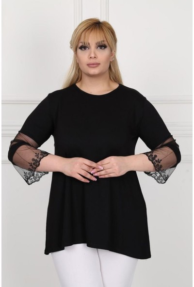 ViolettaXL Kadın Büyük Beden Kolları Tül Detay Likralı Viskon Bluz