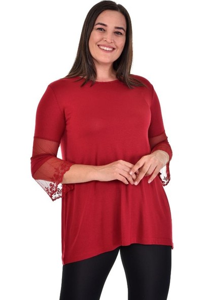 ViolettaXL Kadın Büyük Beden Kolları Tül Detay Likralı Viskon Bluz