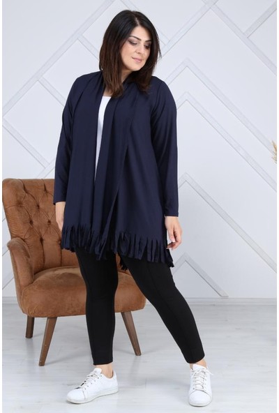 ViolettaXL Kadın Büyük Beden Asimetrik Kesim Püsküllü Salaş Likralı Viskon Hırka