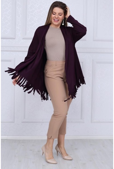 ViolettaXL Kadın Büyük Beden Asimetrik Kesim Püsküllü Salaş Likralı Viskon Hırka