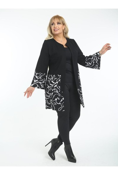 ViolettaXL Kadın Siyah Büyük Beden Barok Desen Cepli Likralı Çelik Interlok Hırka