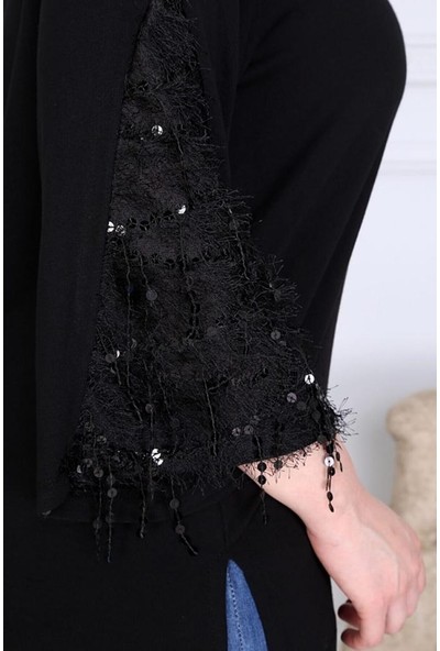 ViolettaXL Kadın Siyah Büyük Beden Kolları Ispanyol Payetli Sarkıtlı Likralı Viskon Bluz