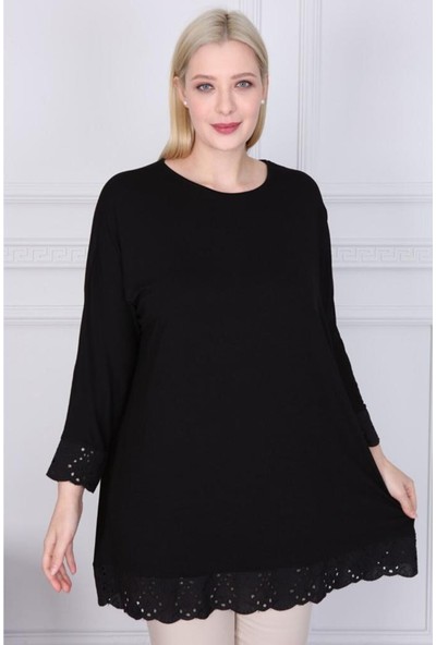 ViolettaXL Kadın Siyah Büyük Beden Eteği Kol Uçları Güpür Likralı Viskon Tunik