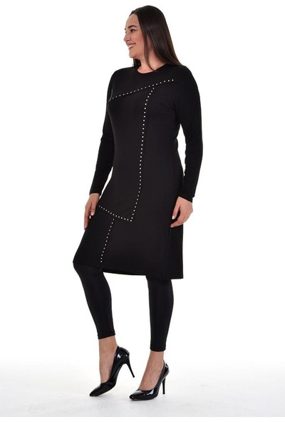 ViolettaXL Kadın Siyah Büyük Beden Patchwork Drop Detay Esnek Viskon Tunik