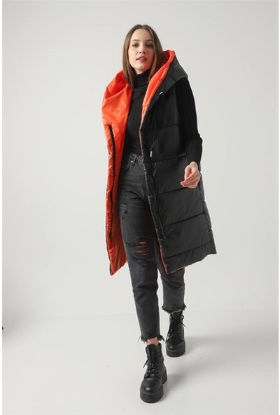 Lady Love Kadın Çift Taraflı,uzun Şişme Yelek,miflon Yün Dolgulu,hafif Ürün,gizli Cepli, Geniş Kalıp