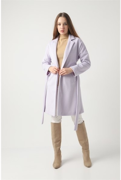 Lady Love Kaşe Astarlı Kuşaklı Kaban Lila