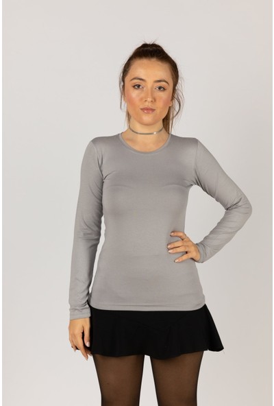 DHN Kadın Bisiklet Yaka Uzun Kollu Likralı Penye Body