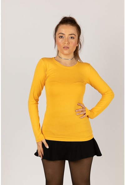 DHN Kadın Bisiklet Yaka Uzun Kollu Likralı Penye Body