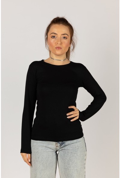 DHN Kadın Bisiklet Yaka Uzun Kollu Likralı Penye Body