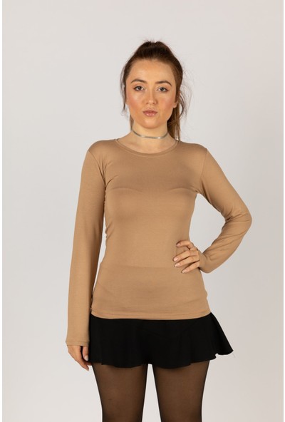 DHN Kadın Bisiklet Yaka Uzun Kollu Likralı Penye Body