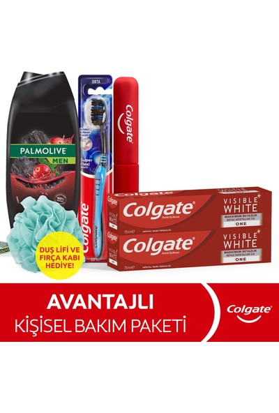 Colgate Diş Macunu 75 ml X2, Orta Diş Fırçası, Palmolive Men Duş Jeli 500 ml +Fırça Kabı&duş Lifi Colgate Diş Macunu 75 ml X2, Orta Diş Fırçası, Palmolive Men Duş Jeli 500 ml +Fırça Kabı&duş Lifi