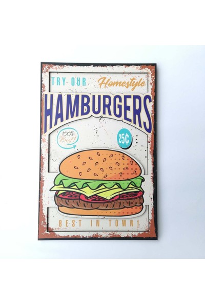 Marple's Hamburger Kabartma Vintage Rustik Ahşap Tablo