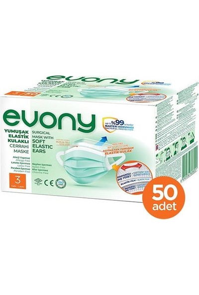 Evony Kids Yeşil Elastik Kulaklıklı Cerrahi Çocuk Maskesi 50'li