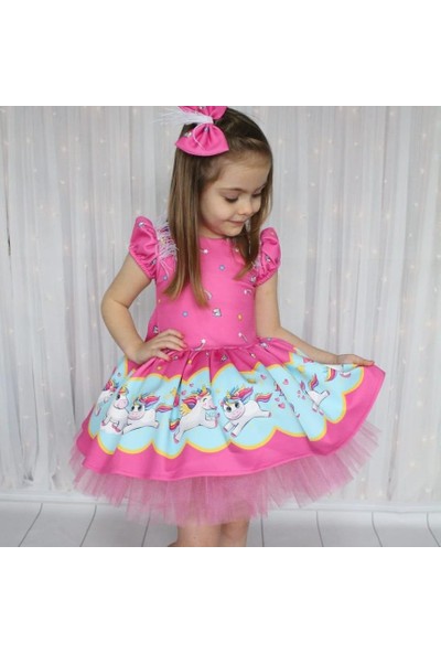 Riccotarz Kız Çocuk Unicorn Pony Omuz Tüylü Fuşya Elbise