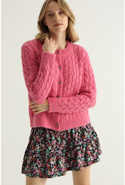 Sweater Pembe Saç Örgü Düğmeli Hırka
