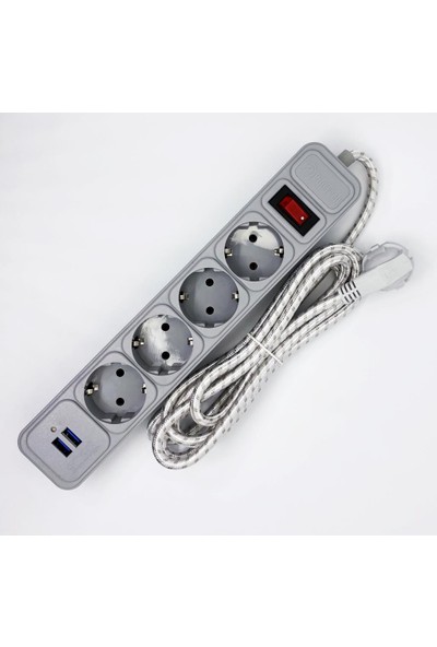 Techmaster 2 USBli Akım Korumalı 4'lü Priz Gri 2 mt
